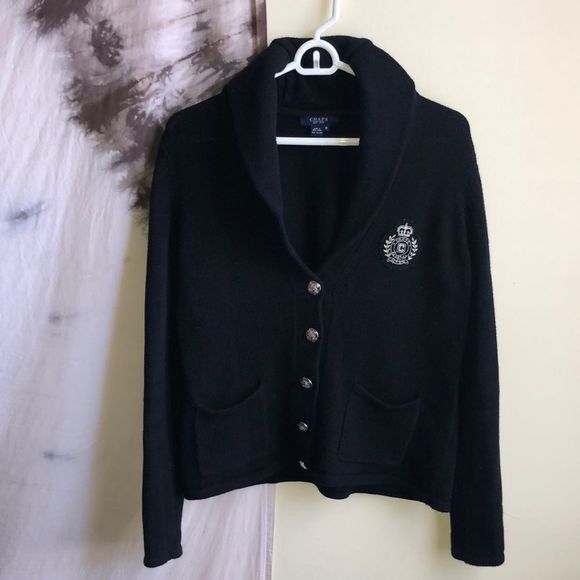Chaps | Sweaters | Vintage Chaps Black Preppy Button Crested Cardigan ...